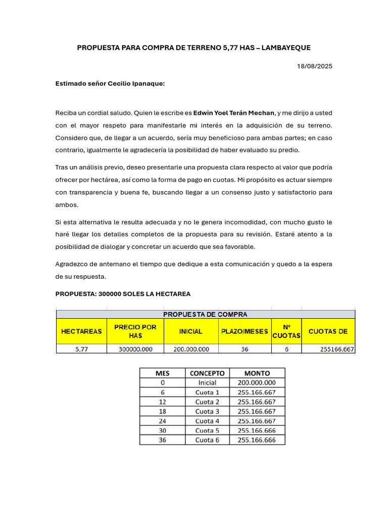 Propuesta para Compra de Terreno Lambayeque 36 Meses | PDF
