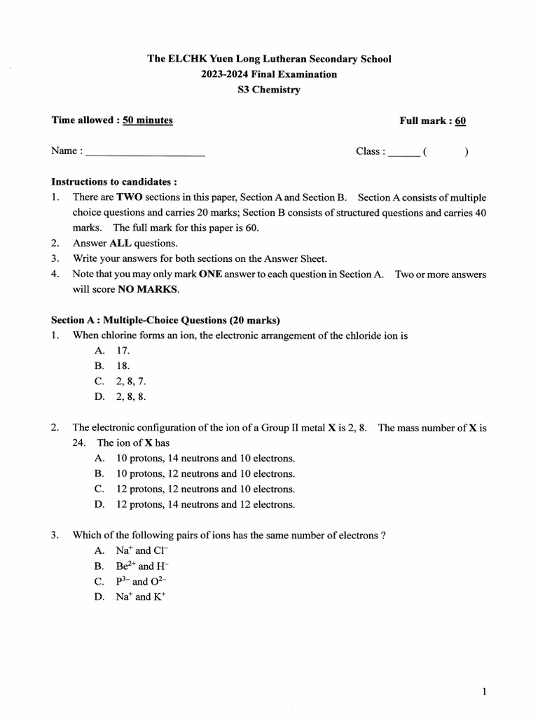 2324 Exam 2 S3 Chemistry Question | PDF
