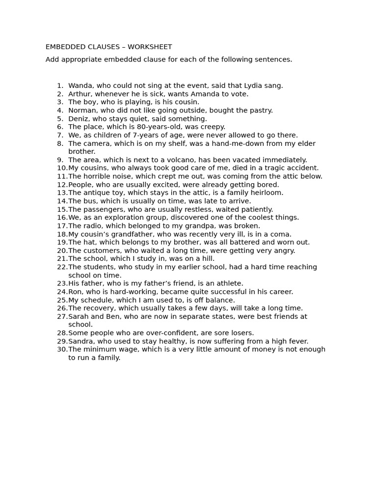 Embedded Clauses Worksheet 2 | PDF
