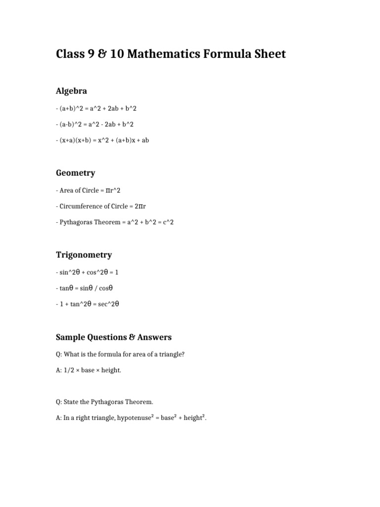 Math Formula Sheet | PDF