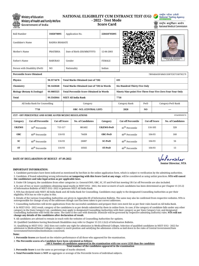 RADHA BHARATE Neet Score Card | PDF | Qualifications | Student Assessment And Evaluation