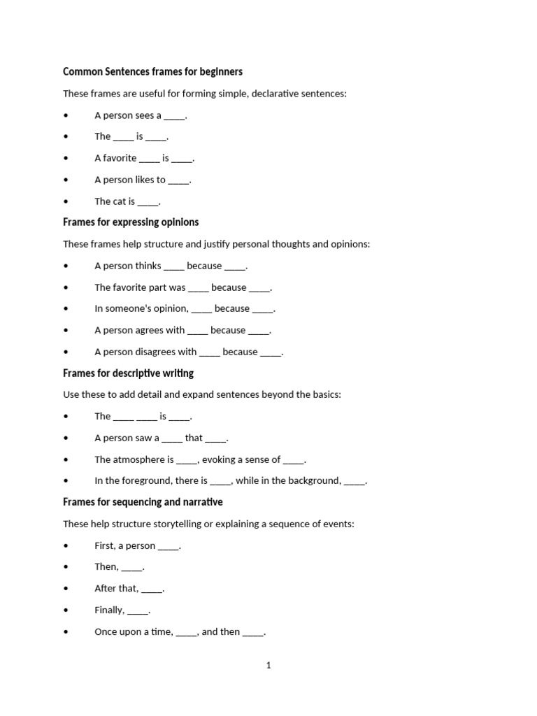 Common Sentences Frames For Beginners | PDF