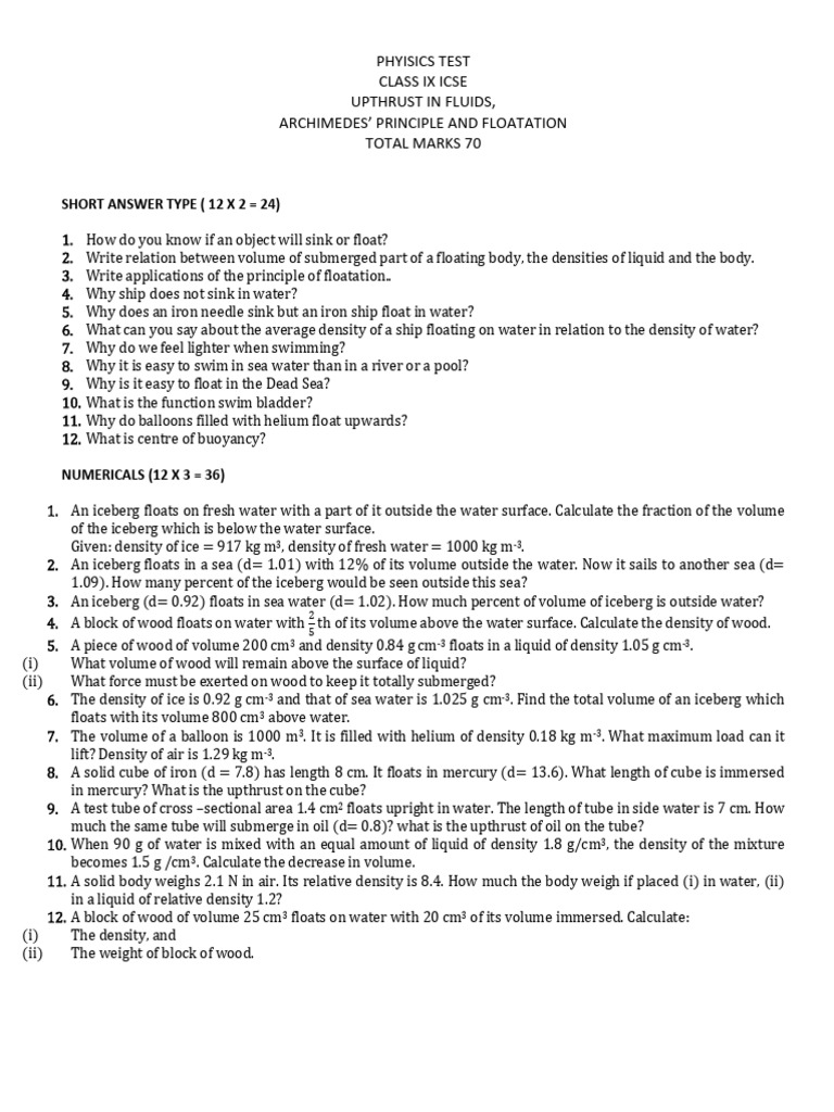 Physics Class 9 ICSE Upthurst Archimedes Floatation | PDF | Buoyancy ...