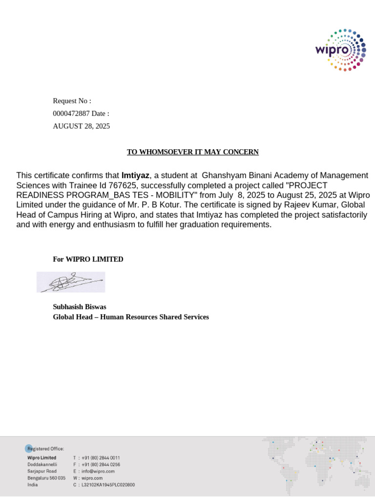 Imtiyaz Wipro Certificate | PDF