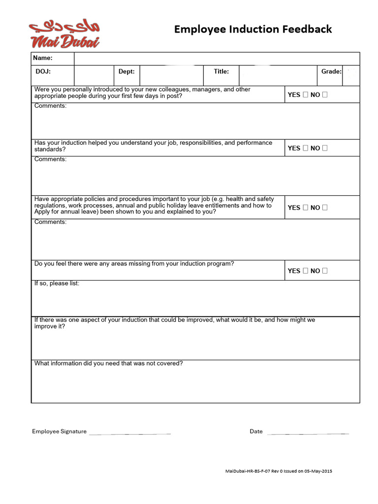 MaiDubai-HR-BS-F-07 Employee Induction Feedback Copy Updated | PDF