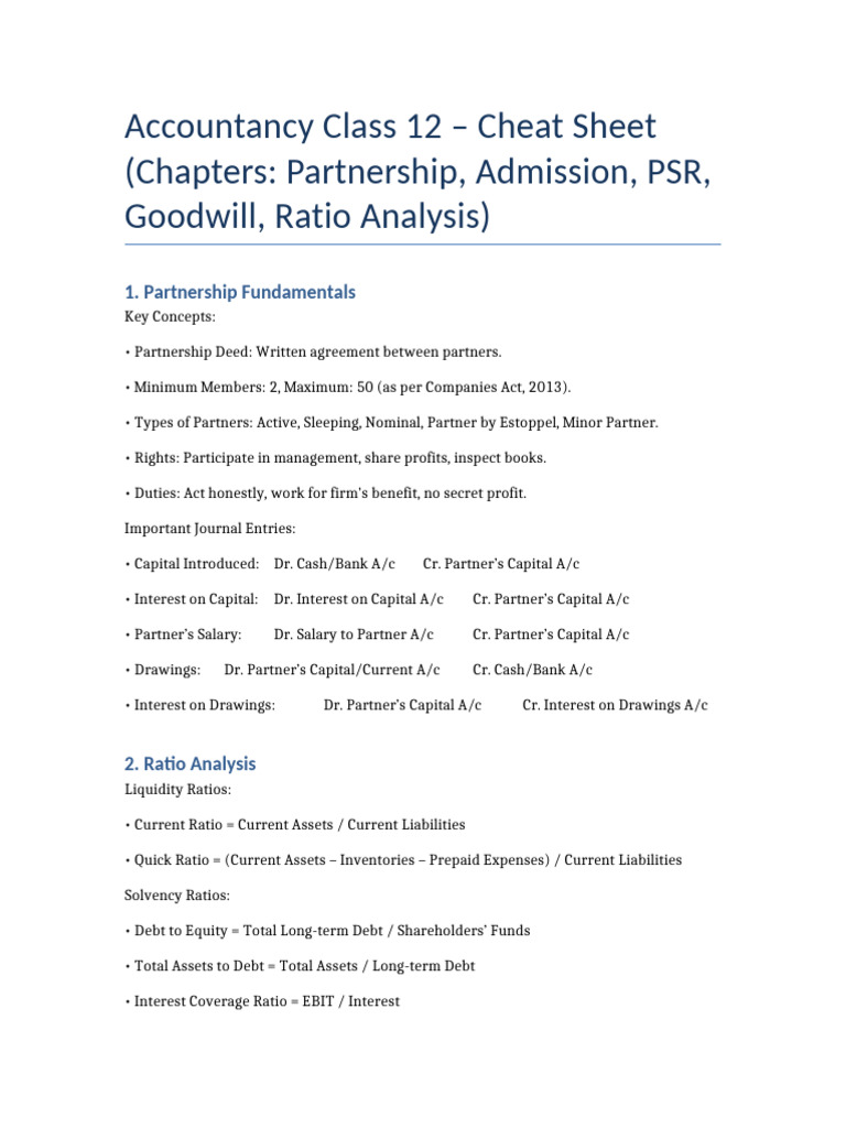 Accountancy Cheat Sheet Class12 | PDF | Goodwill (Accounting) | Partnership