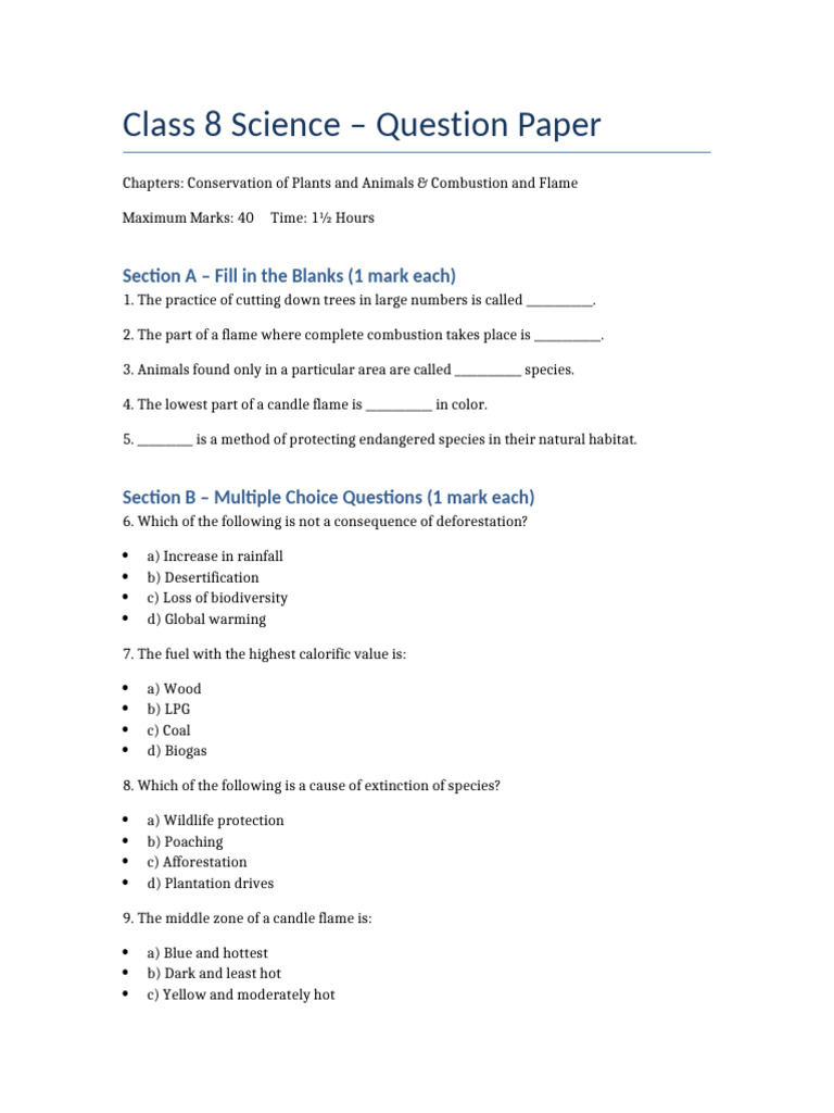 Class 8 Science: Conservation & Combustion Quiz | PDF | Combustion ...