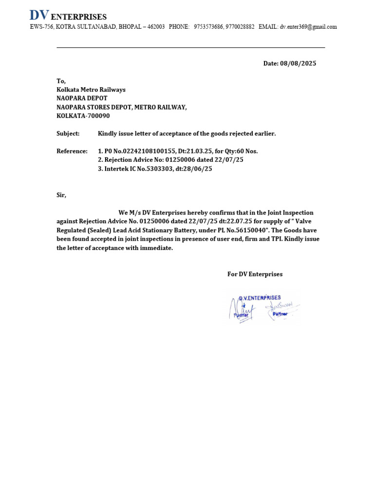 Goods Acceptance Letter | PDF