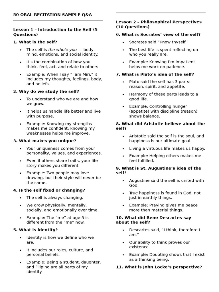 Oral Recitation Sample Q&A For Uts | PDF | Philosophy Of Self ...