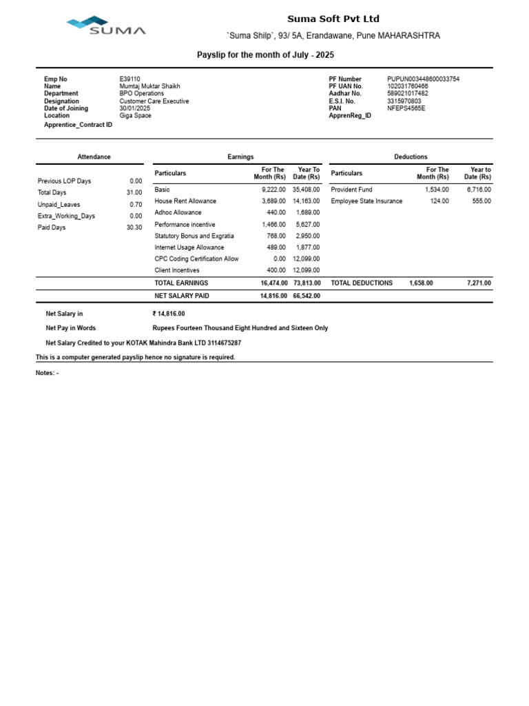 E39110 Payslip Jul2025 | PDF | Business | Payments