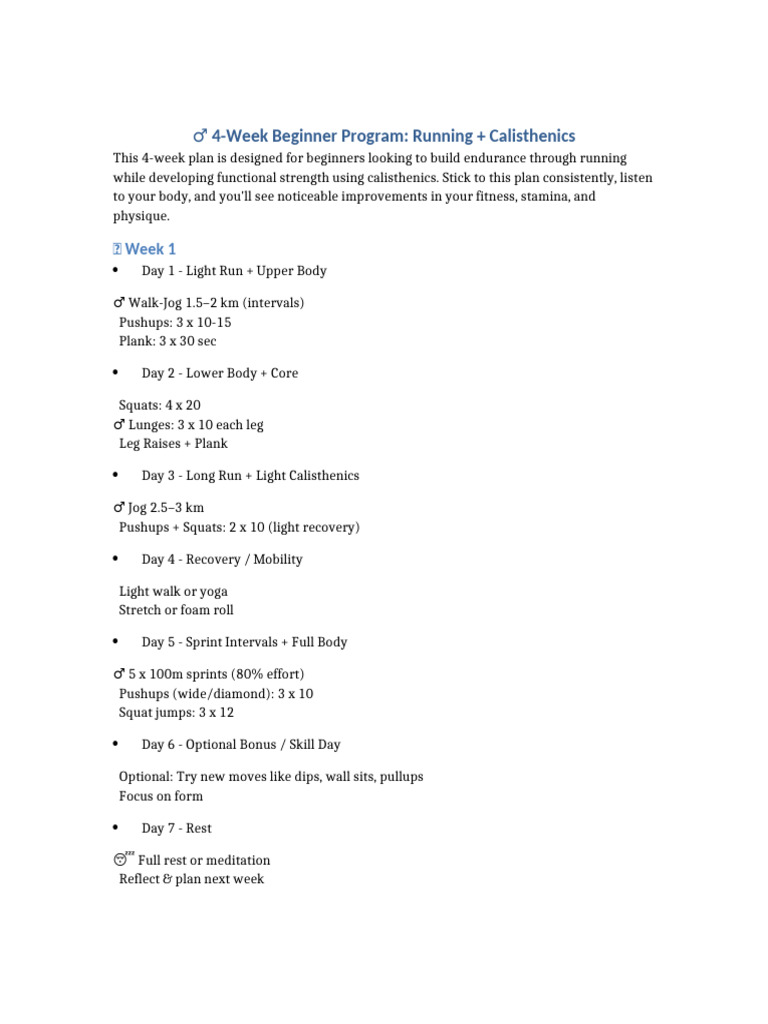 Running Calisthenics 4 Week Beginner Program | PDF | Human Leg | Physical Exercise