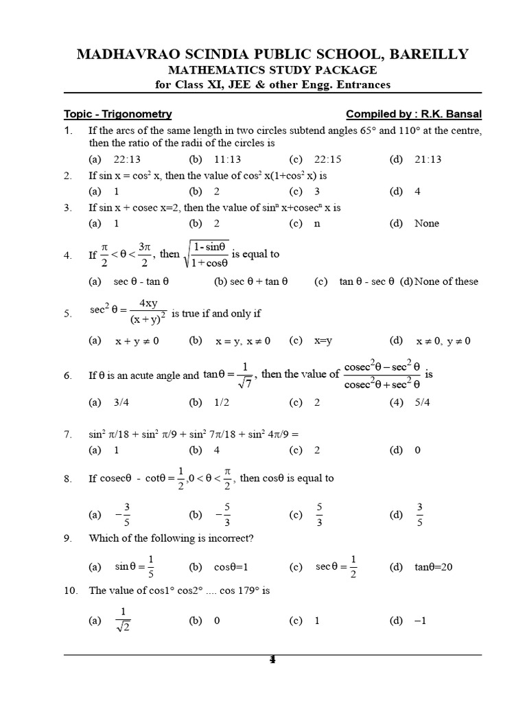Trigonometry Study Package for JEE | PDF | Mathematics | Mathematical ...