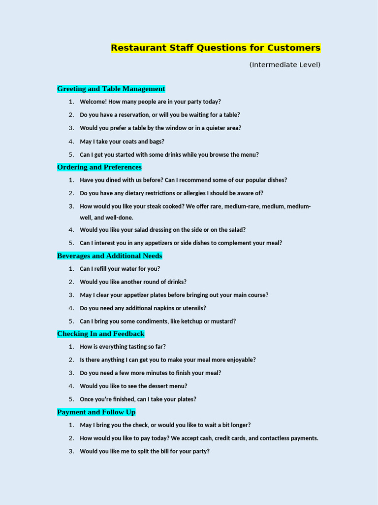 Restaurant Staff Questions For Customers | PDF | Restaurants | Hors D ...