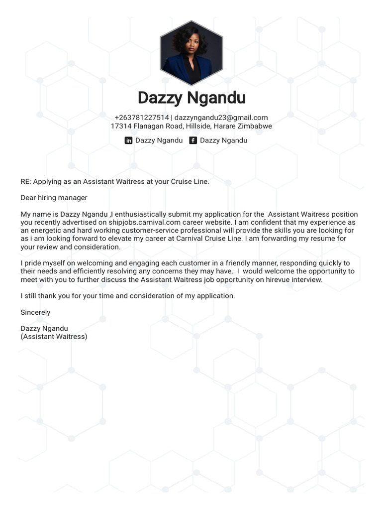 Dazzy Ngandu Cover Letter As An Assistant Waiter | PDF