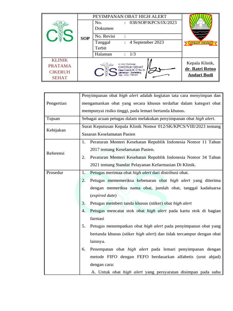 Sop Penyimpanan Obat High Alert | PDF