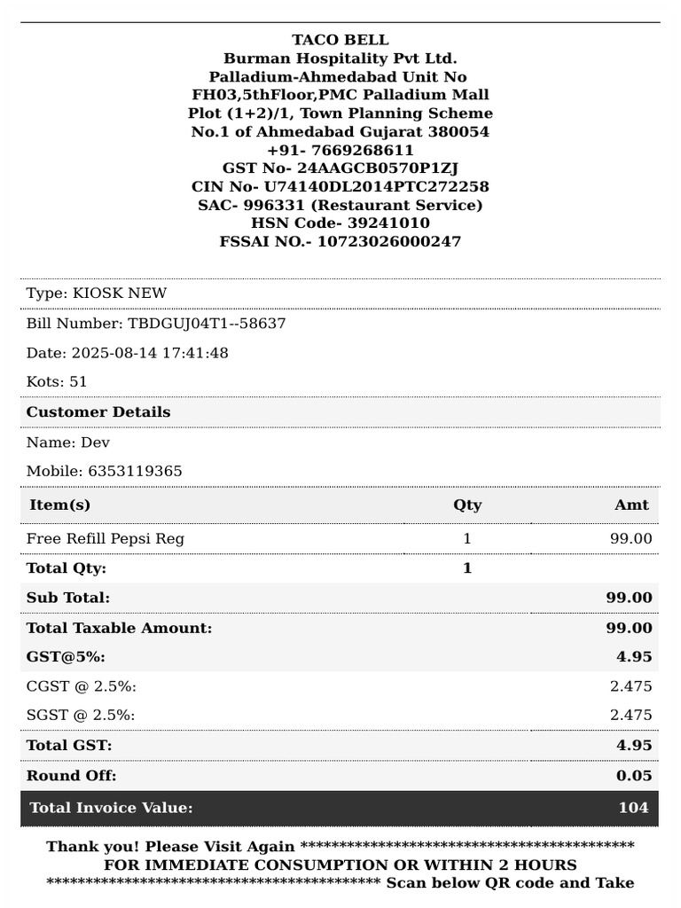 Taco Bell Invoice - Ahmedabad Kiosk | PDF