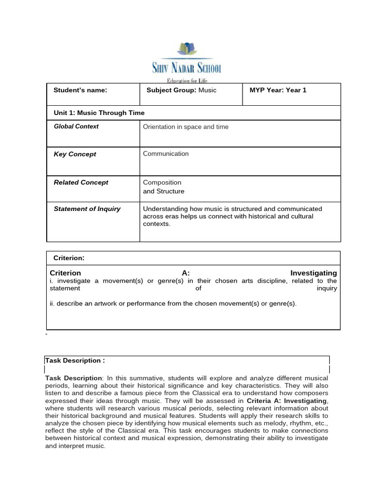 Toddle - MYP Summative Task Sheet Music Grade 6 Unit 2 | PDF ...
