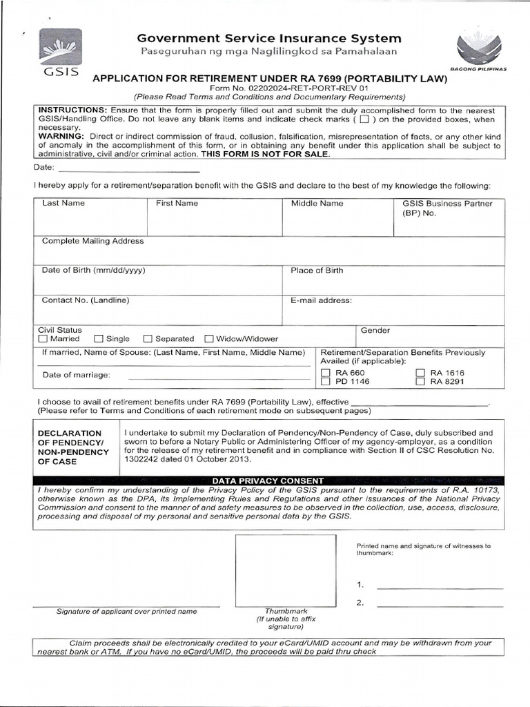 GSIS Application For Retirement Under RA 7699 Portability Law | PDF