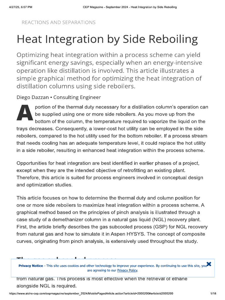 Heat Integration by Side Reboiling (AICHE CEP) | PDF