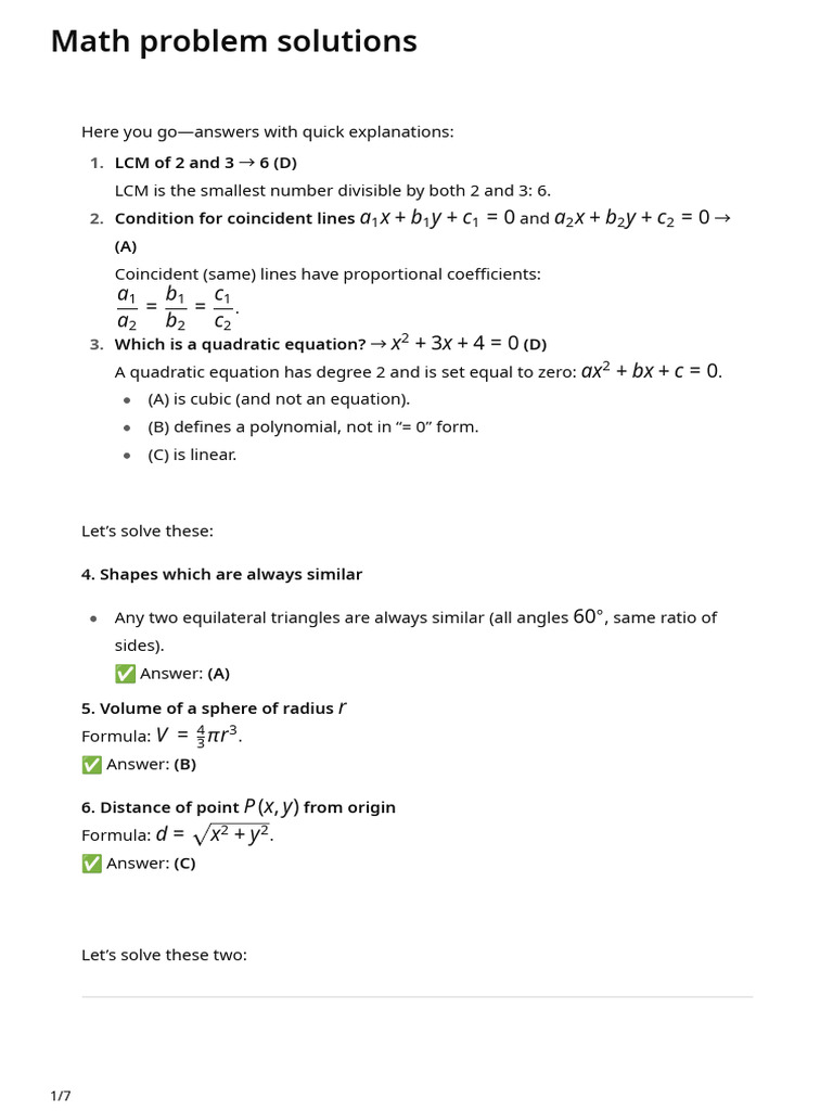 Math Problem Solutions | PDF | Quadratic Equation | Equations