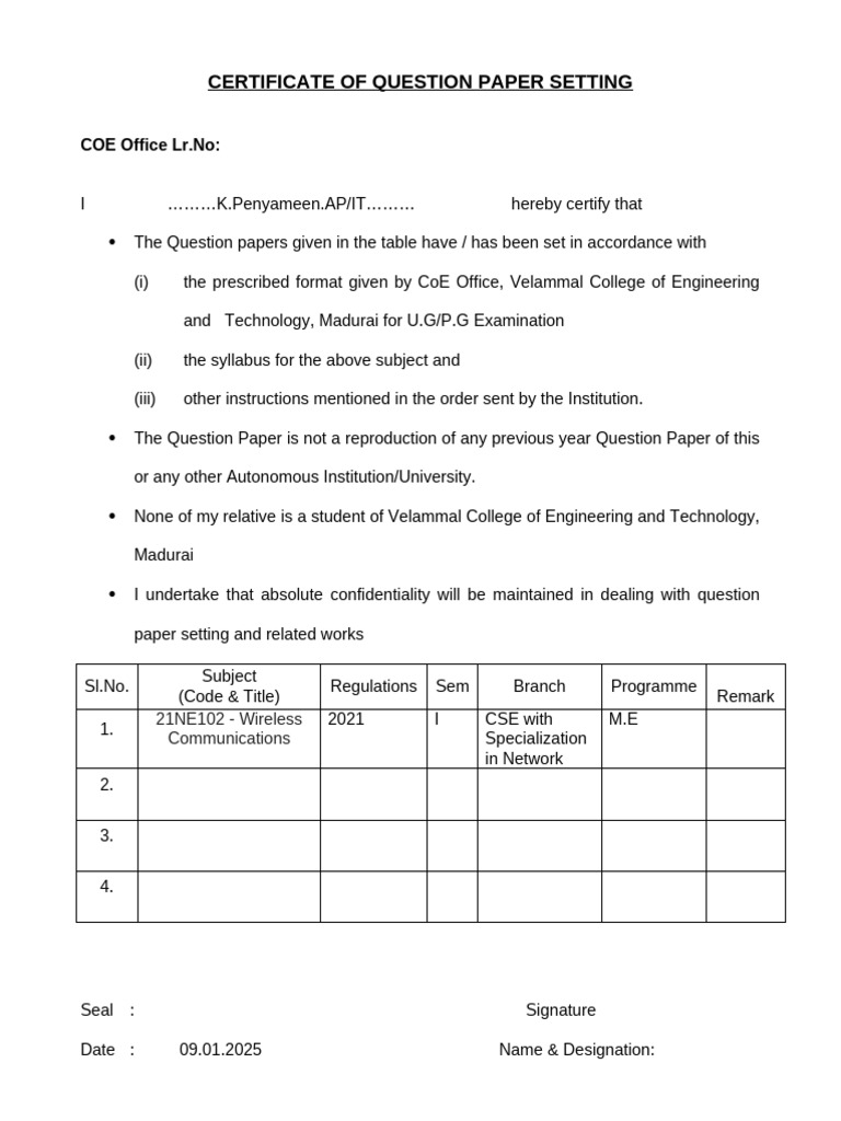 Certificate of Question Paper Setting 2 | PDF