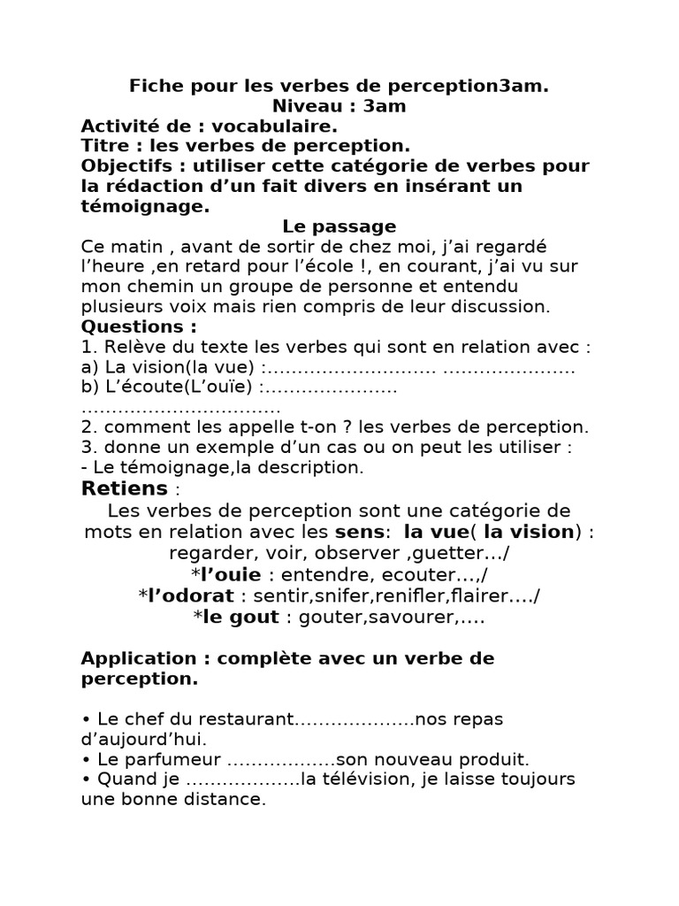 Verbes de perception en 3am | PDF