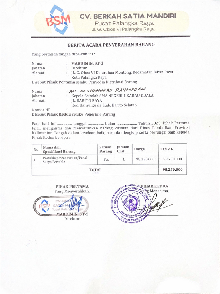 Berkas Acara Penyerahan Barang | PDF