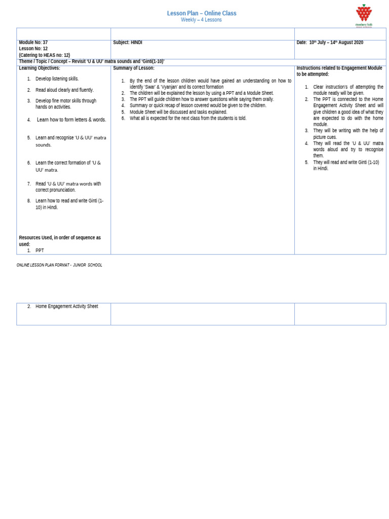 Lesson Plans Hindi Module 37-10th August-14th August 2020 | PDF ...