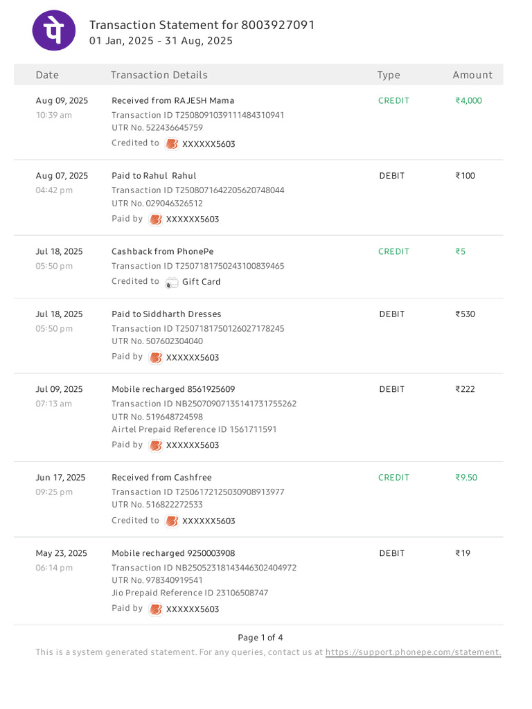 PhonePe Statement Jan2025 Aug2025 | PDF | Debit Card | Banking Technology