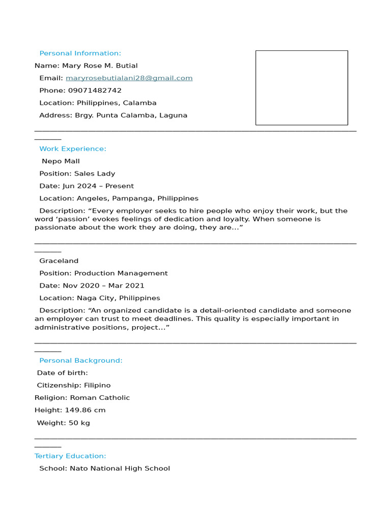 Mary Rose Butial: Sales & Management Resume | PDF