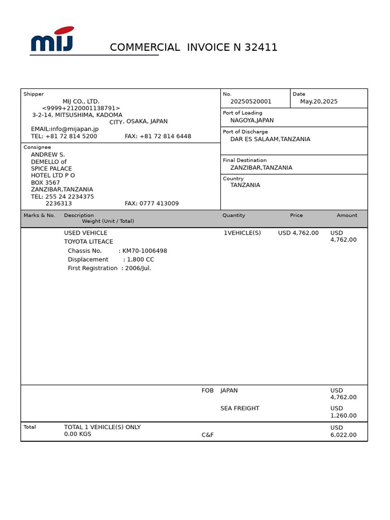 Commercial Invoice 32411 | PDF | Transport | Motor Vehicle