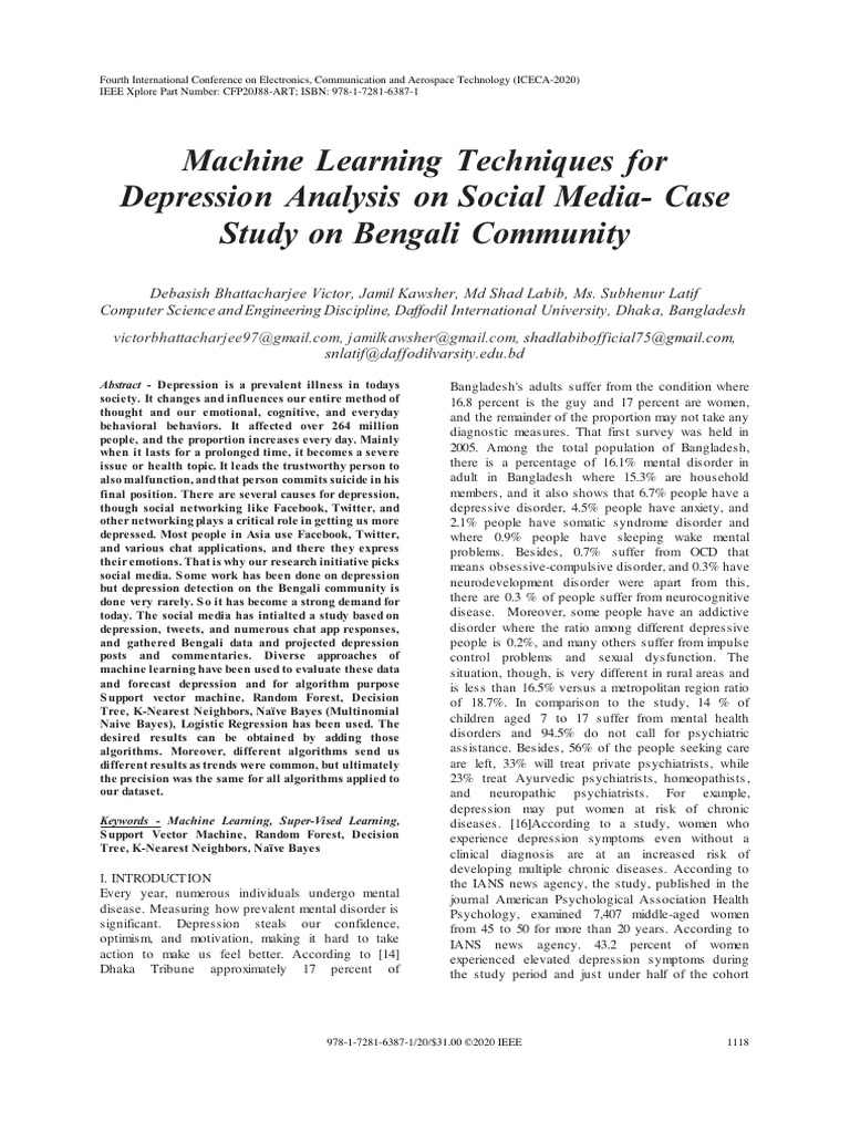 Machine Learning Techniques For Depression Analysis On Social Media - Case Study On Bengali ...