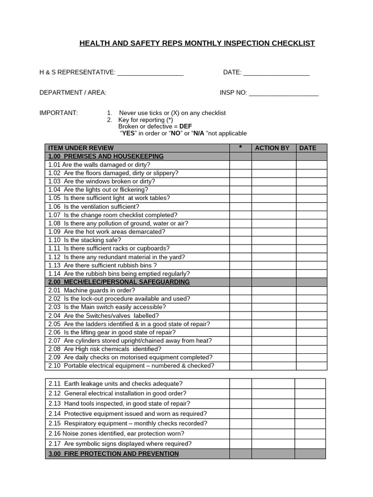 Monthly Health & Safety Inspection Checklist | PDF | Occupational ...