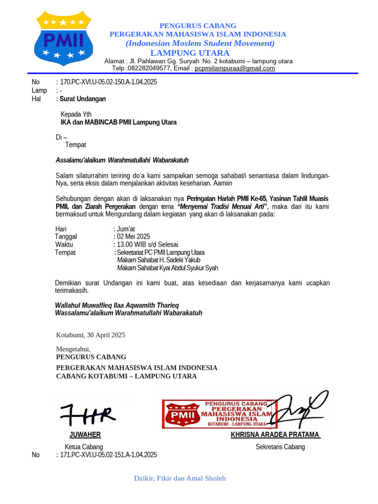 Undangan Harlah PMII Ke-65 Lampung Utara | PDF