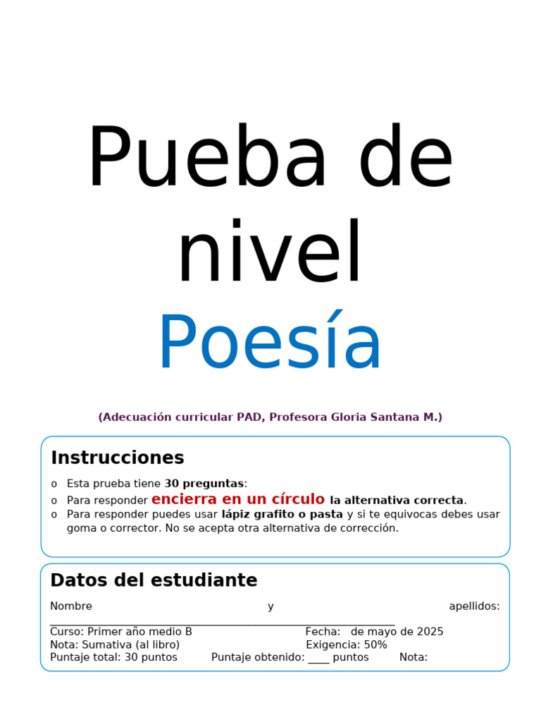 Prueba de Nivel Poesía PAD 1B | PDF