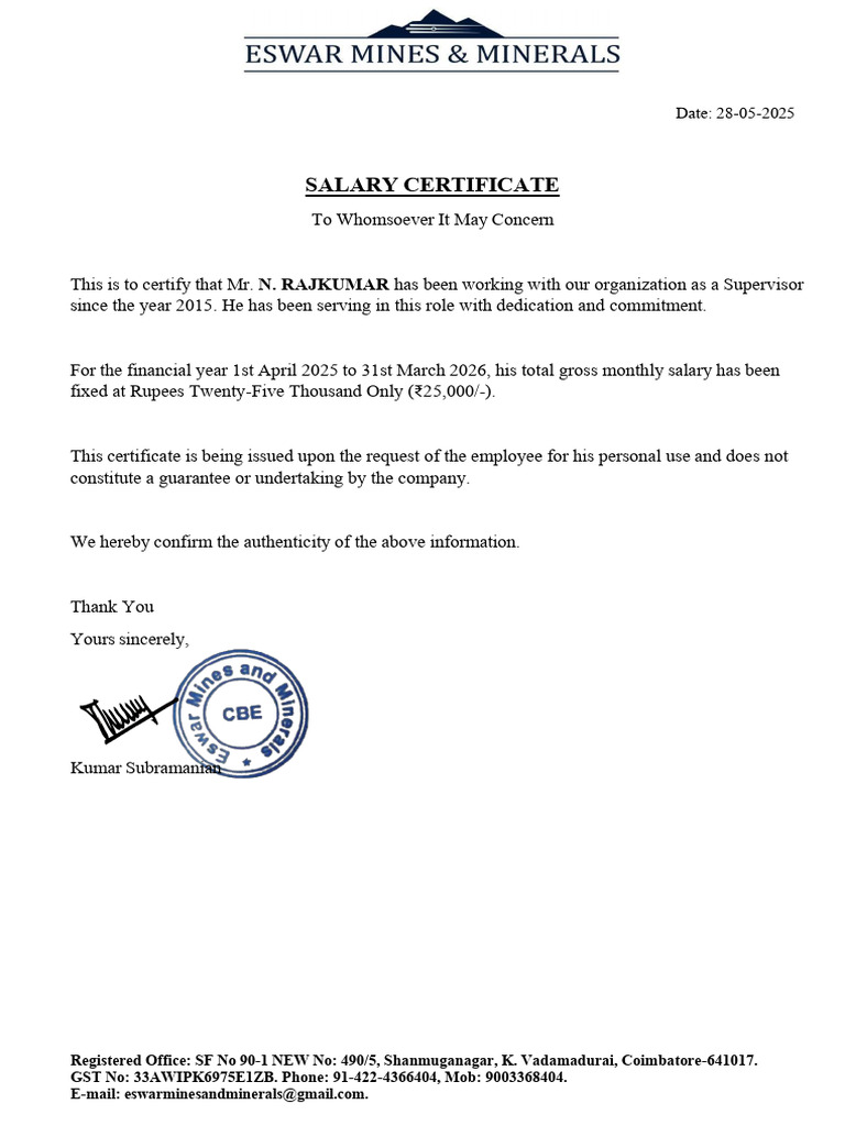 Rajkumar Certi | PDF