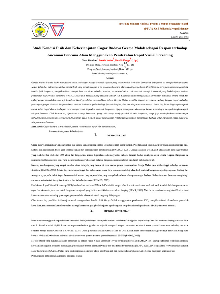 Prosiding Kondisi Fisik Dan Nilai Sejarah-Arsitektural Gereja Malak Sebagai Basis Pelestarian C ...