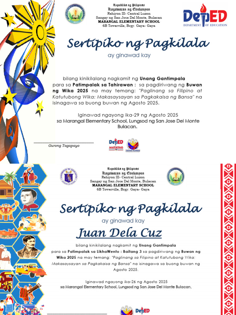 FINAL EDIT SERTIPIKO NG PAGKILALA- BUWAN NG WIKA 2024-2025 | PDF