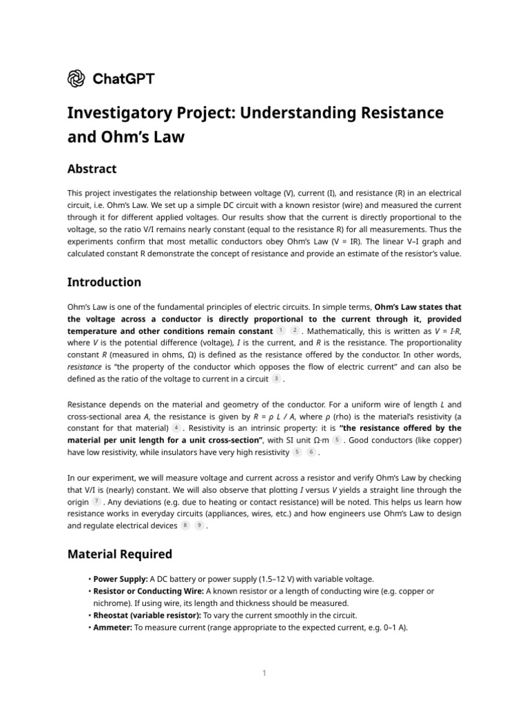 Investigatory Project - Understanding Resistance and Ohm's Law | PDF | Electrical Resistivity ...