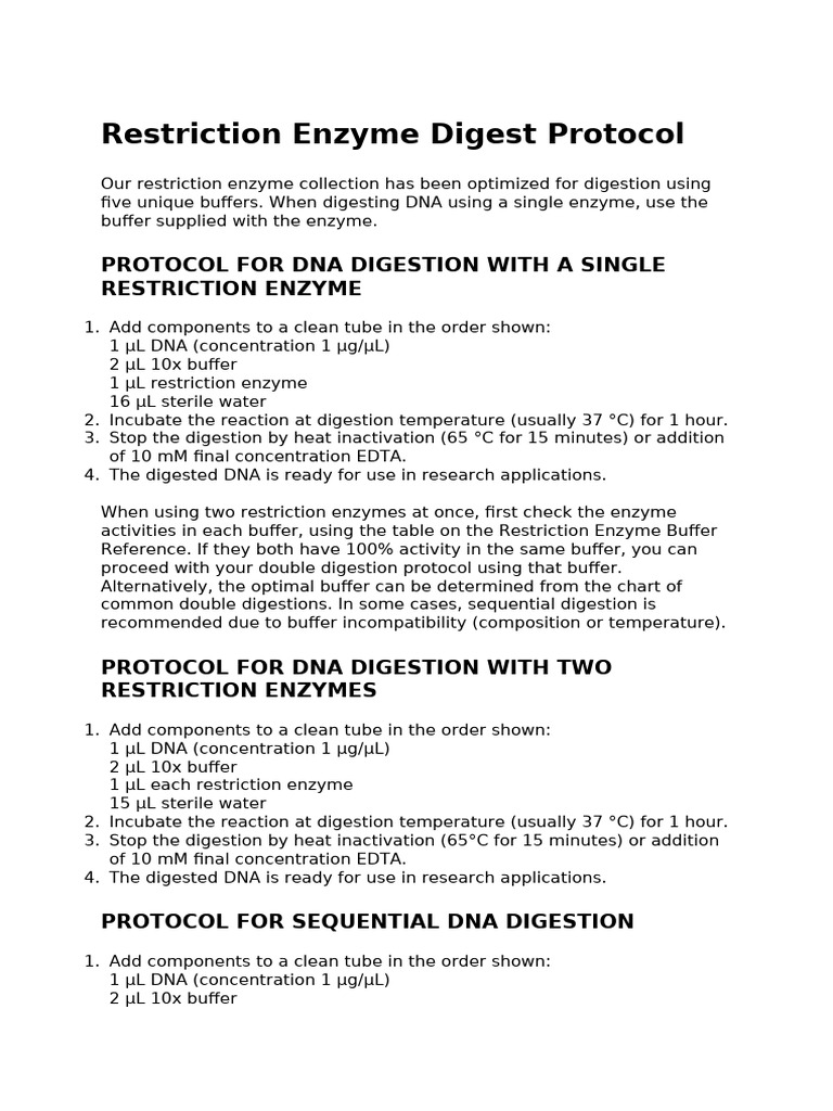 Restriction Enzyme Digest Protocolfbcghjkg | PDF | Biology | Biological ...