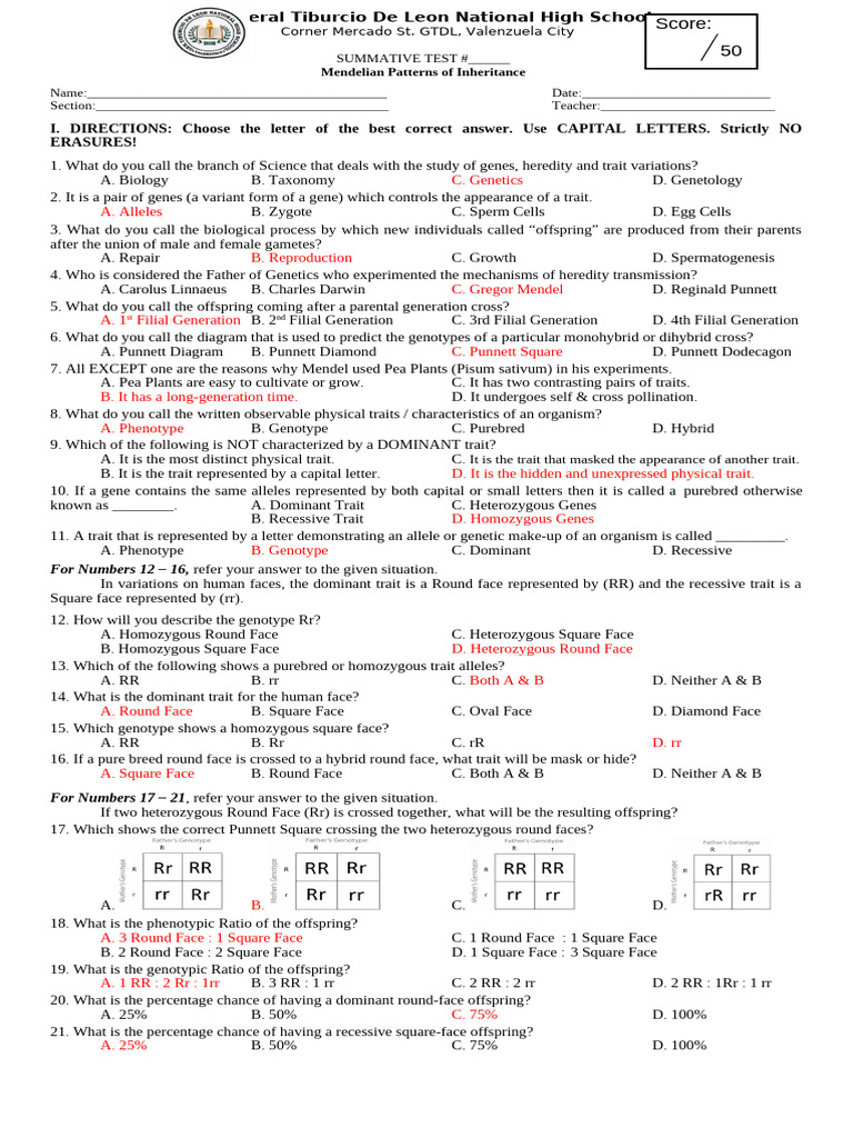 Mendelian Inheritance Test Questions | PDF | Dominance (Genetics ...
