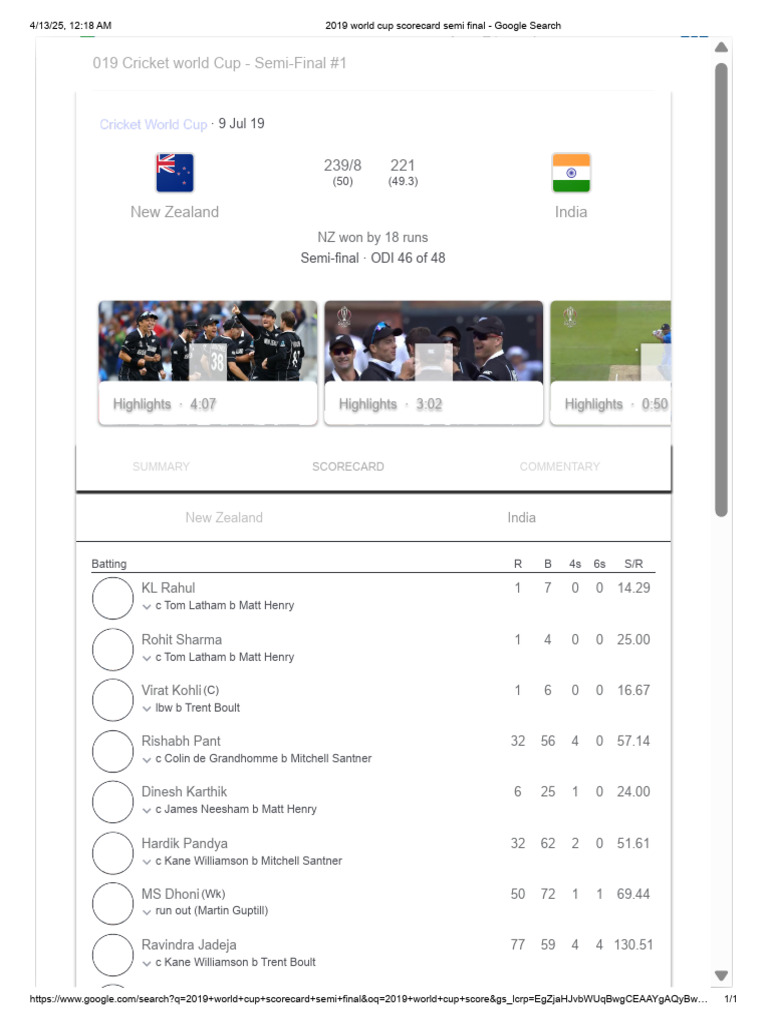 2019 World Cup Scorecard Semi Final - Google Search | PDF | One Day ...