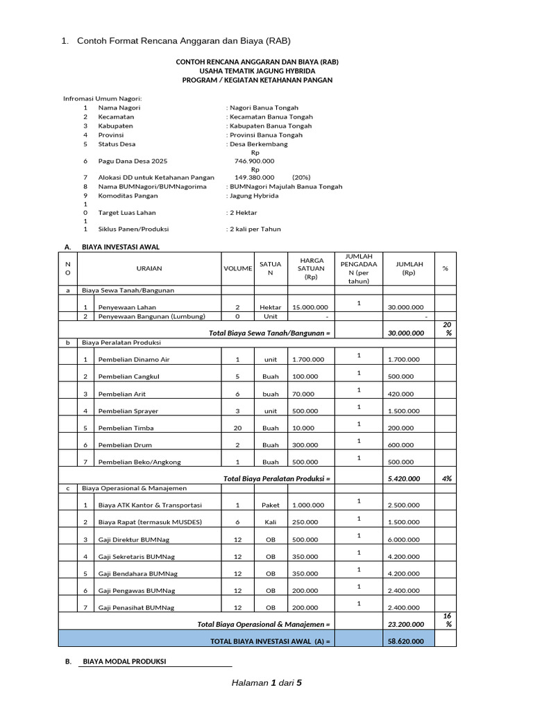 Contoh Format RAB Dan Analisa Kelayakan Usaha - Ketahanan Pangan | PDF