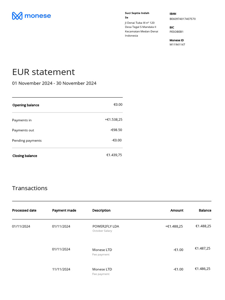 Monese Bank Statement: Nov 2024 | PDF | Banking | Payments