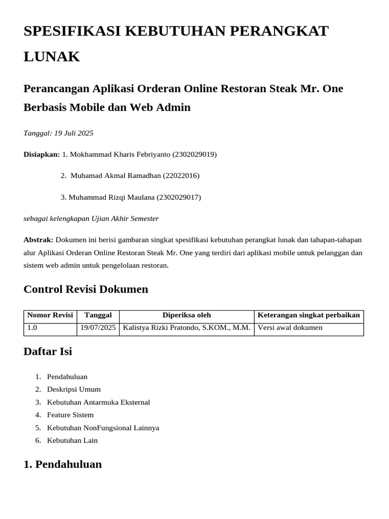 Spesifikasi Kebutuhan Perangkat Lunak | PDF