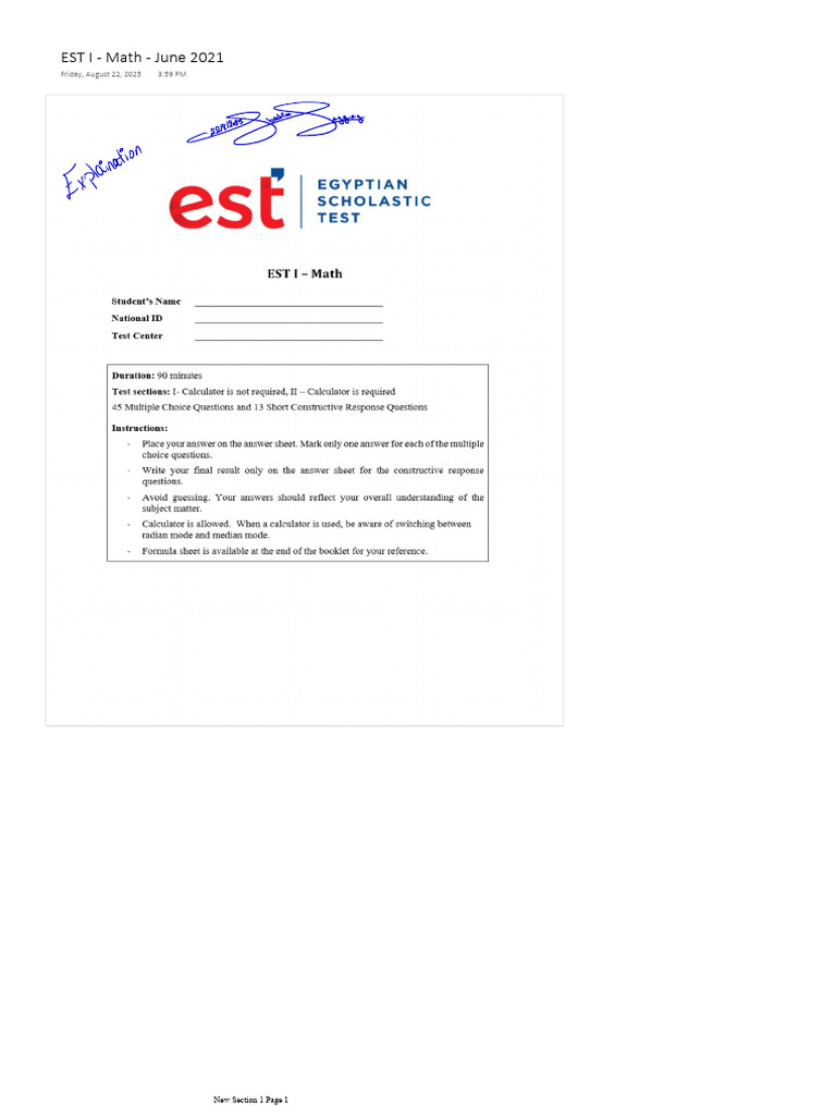 EST I Math Exam June 2021 | PDF