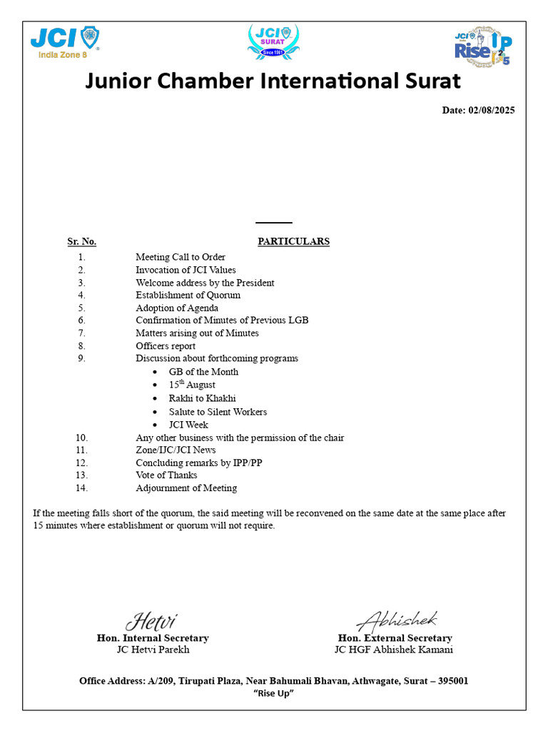 JCI Surat August 2025 LGB Meeting Agenda | PDF