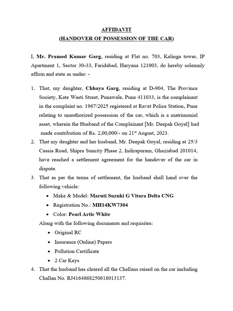 Car Handover Affidavit Document | PDF | Affidavit