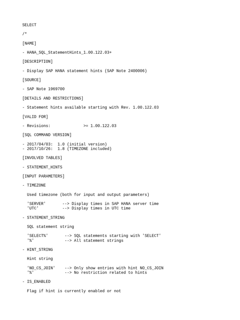 HANA SQL StatementHints 1.00.122.03+ | PDF | Parameter (Computer Programming) | Computer Programming