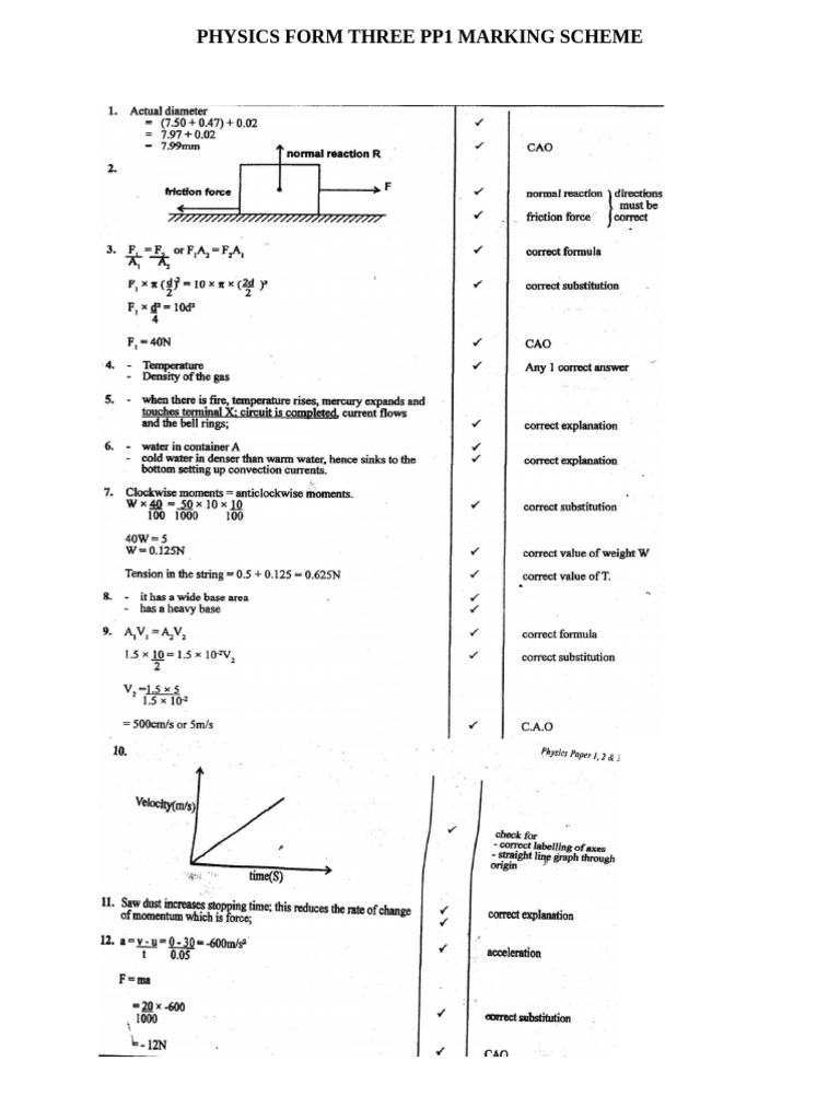 Physics Form Three PP1 Marking Scheme | PDF | Pressure | Brake